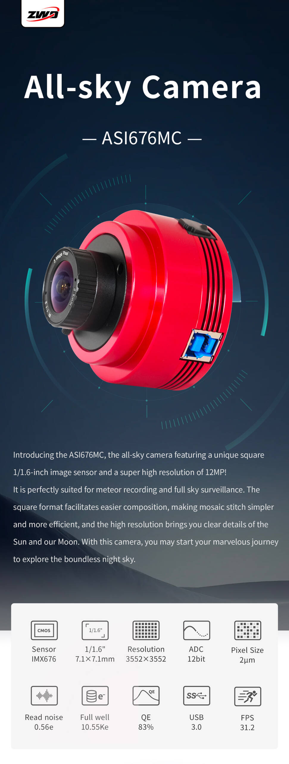 ZWO ASI 676MC All Sky USB 3.0 Colour Camera | First Light Optics