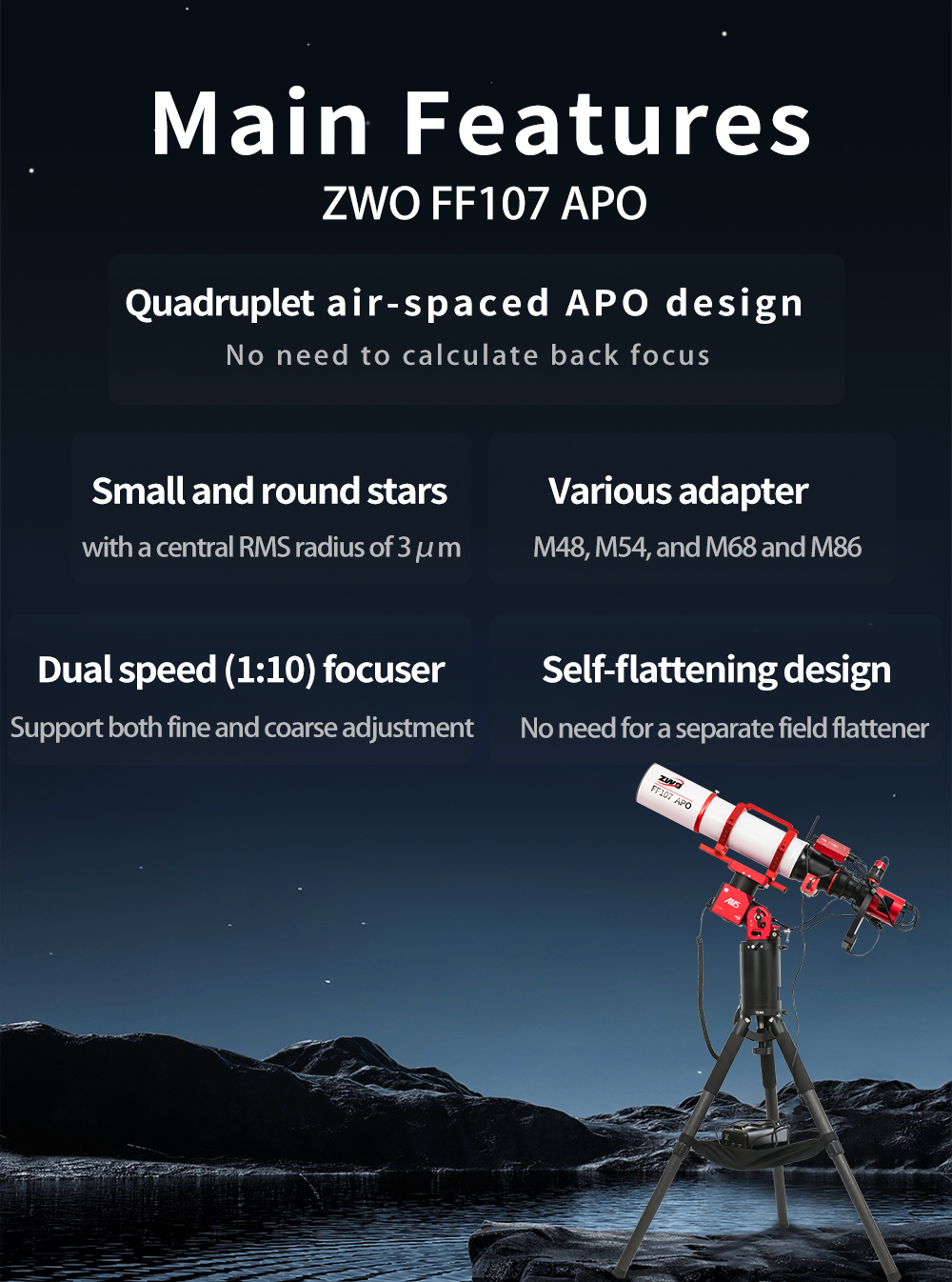 ZWO FF107 APO Quadruplet Refractor Telescope | First Light Optics